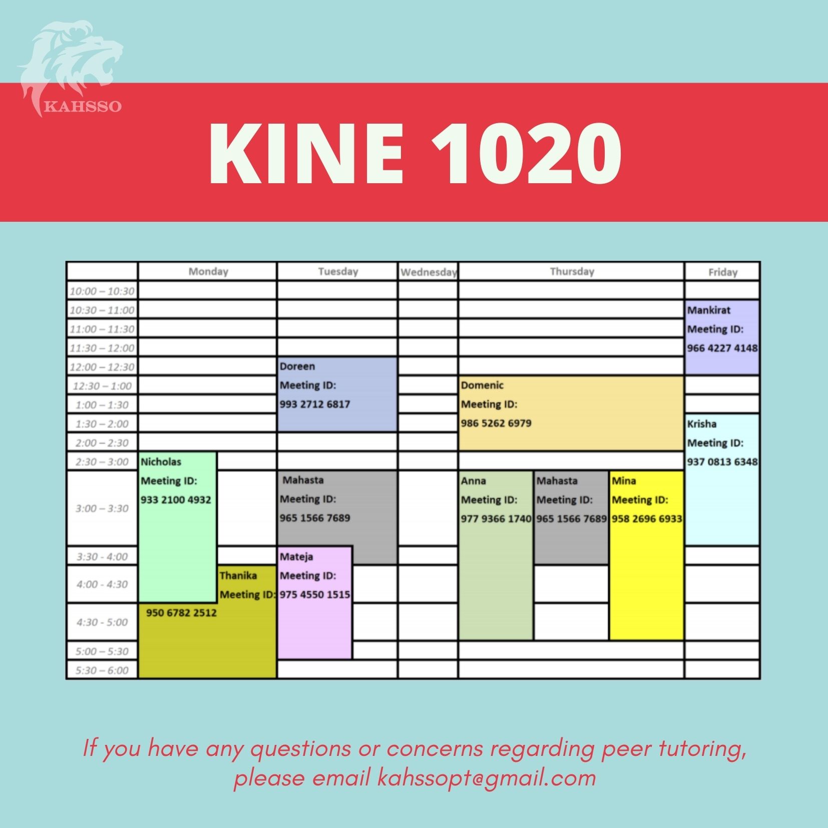 Tutoring Schedule | Kinesiology and Health Science Student Organization